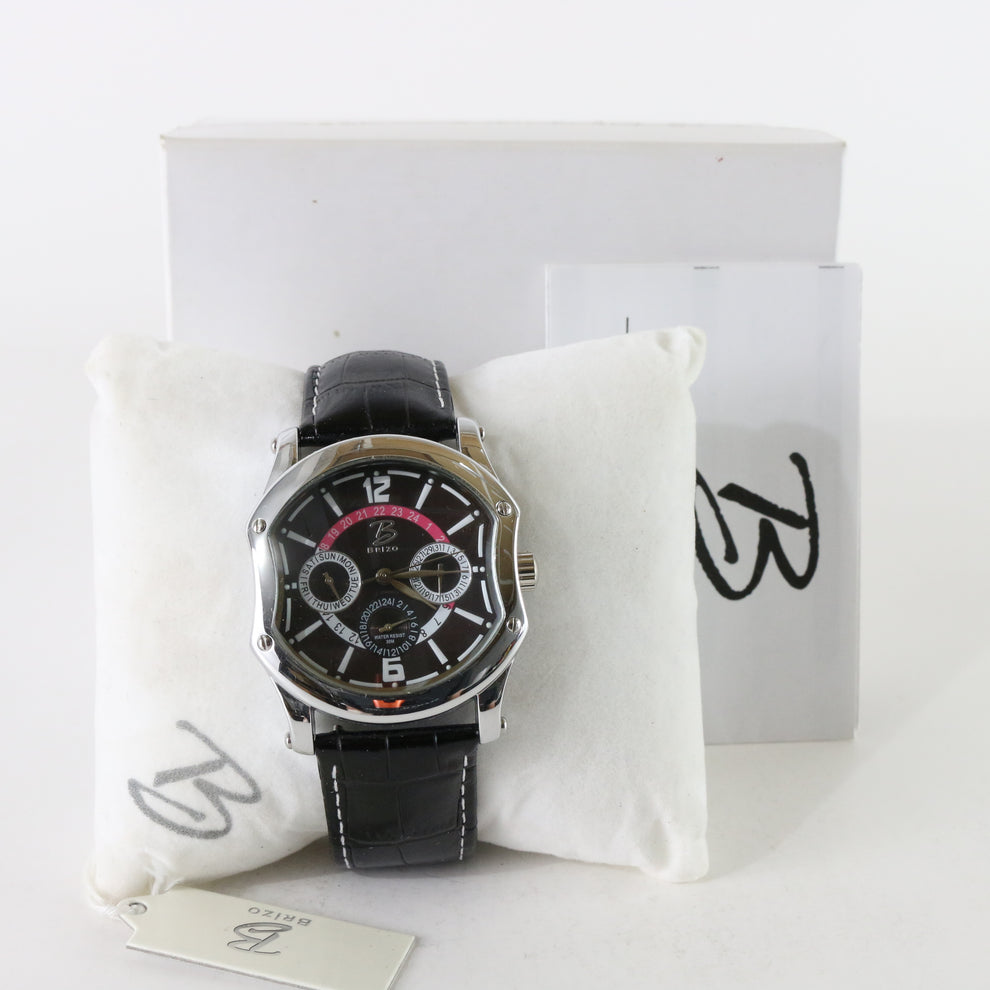 Brizo Swiss Quartz Watch Leather Band Black and Silver Stainless Steel ...